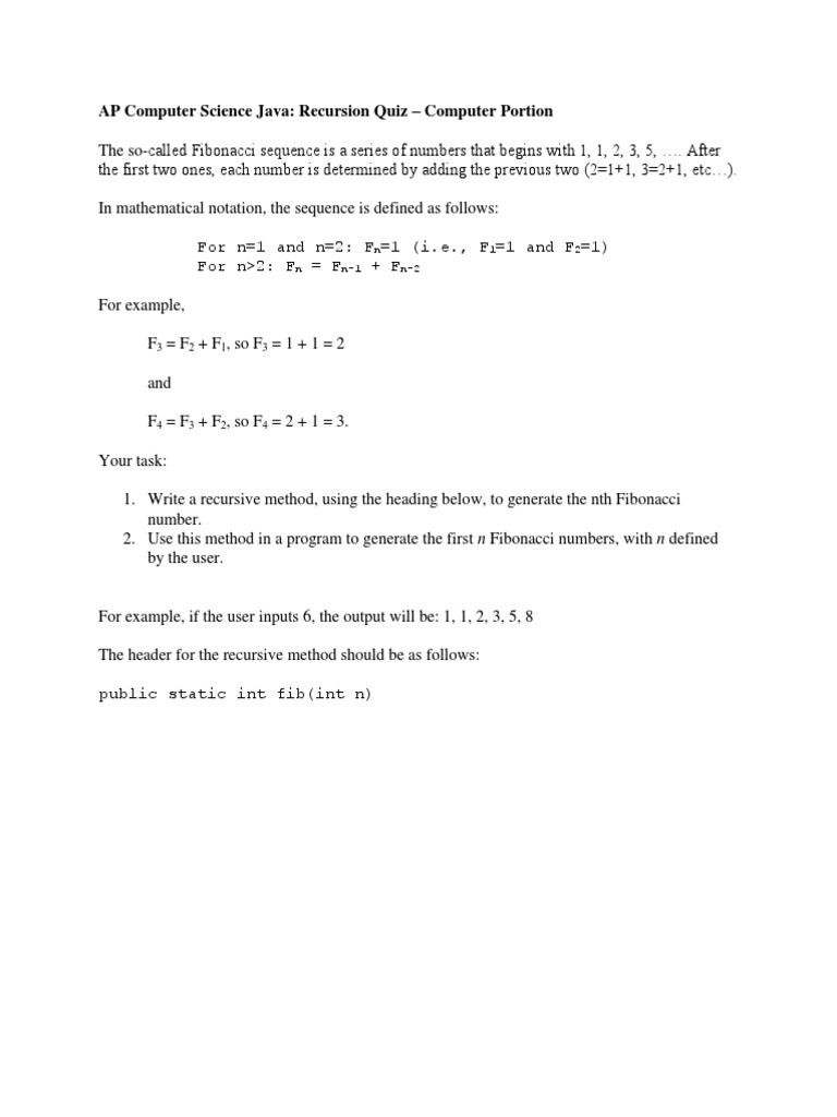 Recursion Quiz - Fib Computer Problem | PDF