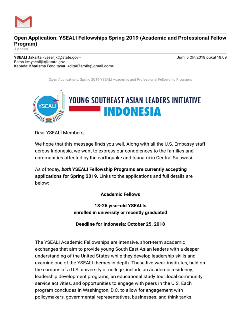 Open Application: YSEALI Fellowships Spring 2019 (Academic and Professional Fellow Program ...