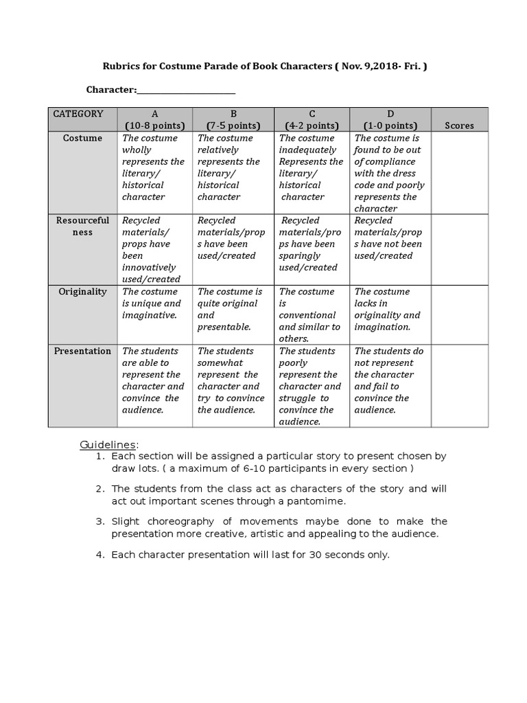 Costume Parade Rubric for Characters | PDF | Costume | Entertainment