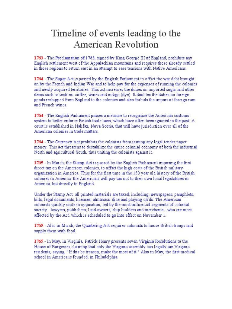 Timeline of Events Leading To The American Revolution | PDF | Thirteen ...