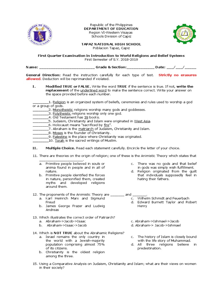 Intro To Religion With Answer Key and TOS | PDF | God | Abrahamic Religions