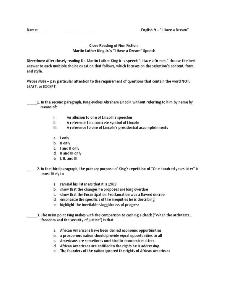 "I Have a Dream Speech Analysis Quiz" | PDF