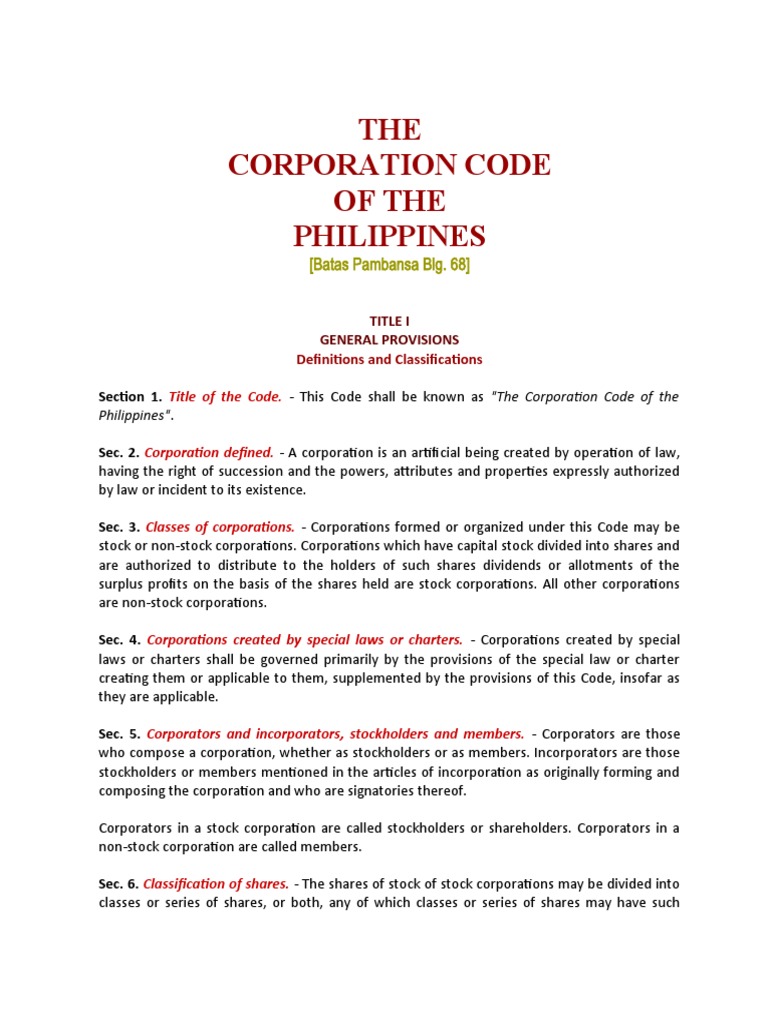 THE Corporation Code of The Philippines: (Batas Pambansa Blg. 68) | PDF ...
