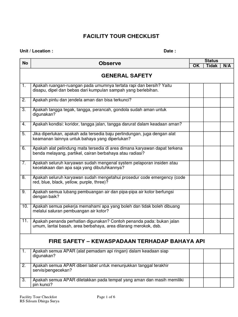 Checklist Facility Tour Untuk JCI | PDF | Teknologi & Rekayasa