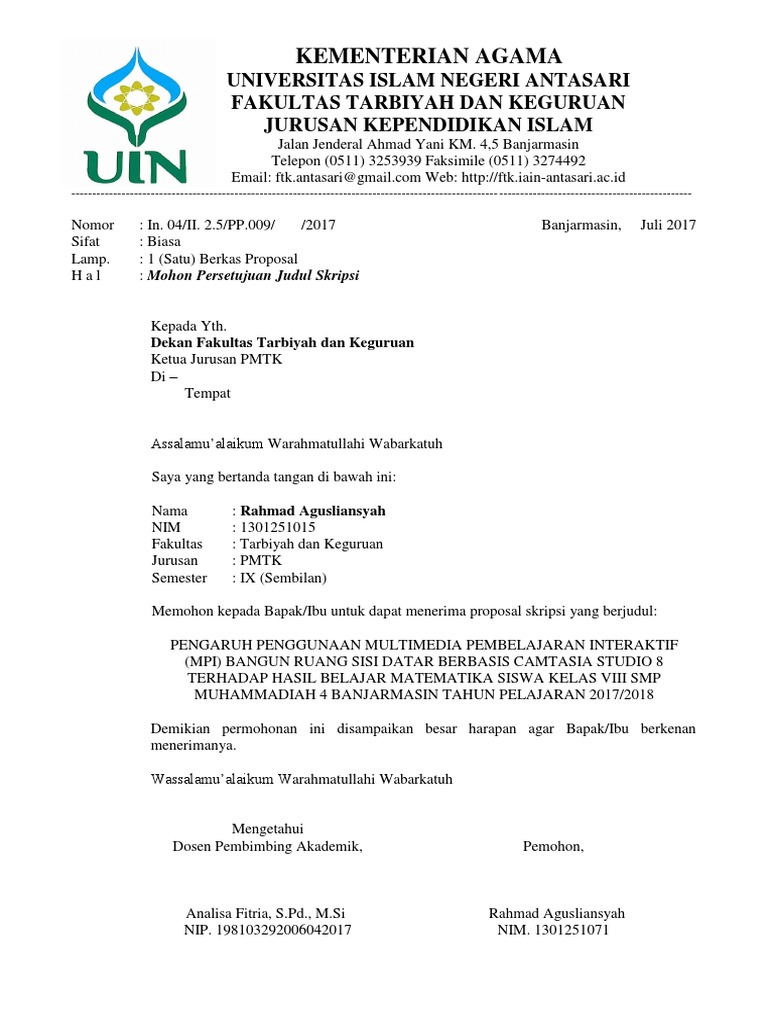 Contoh Surat Permohonan Judul Skripsi | PDF