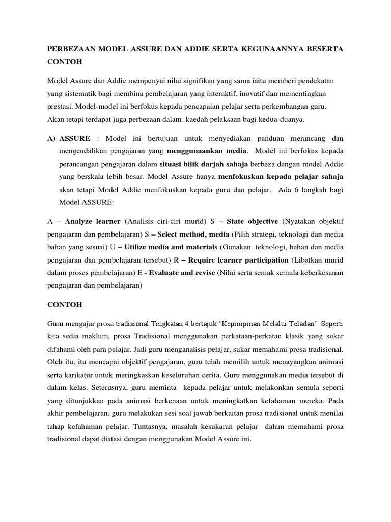 Perbezaan Model Addie Dan Assure Serta Kegunaannya Beserta Contoh Yang ...