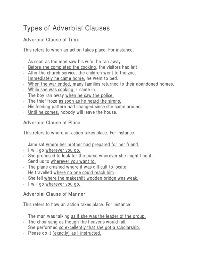 Types of Adverbial Clauses Explained | PDF | Clause | Verb