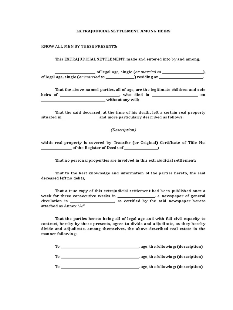 Extrajudicial Settlement Among Heirs: (Description) | PDF | Signature | Civil Law (Common Law)
