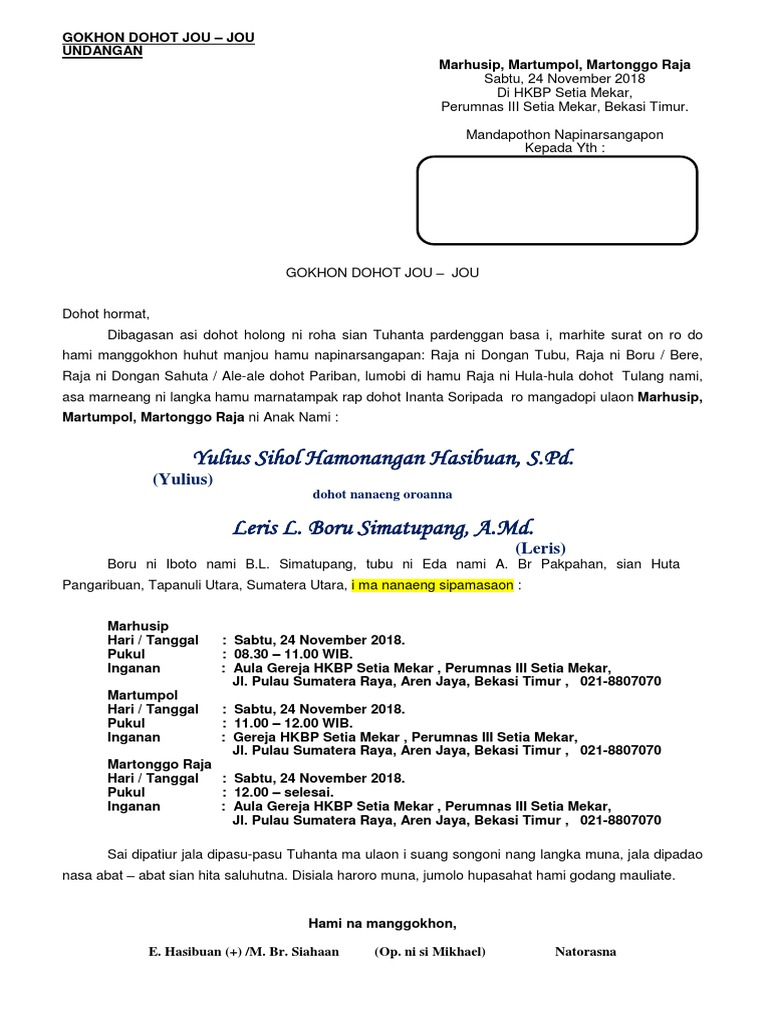 Undangan Martumpol dan Marhusip | PDF