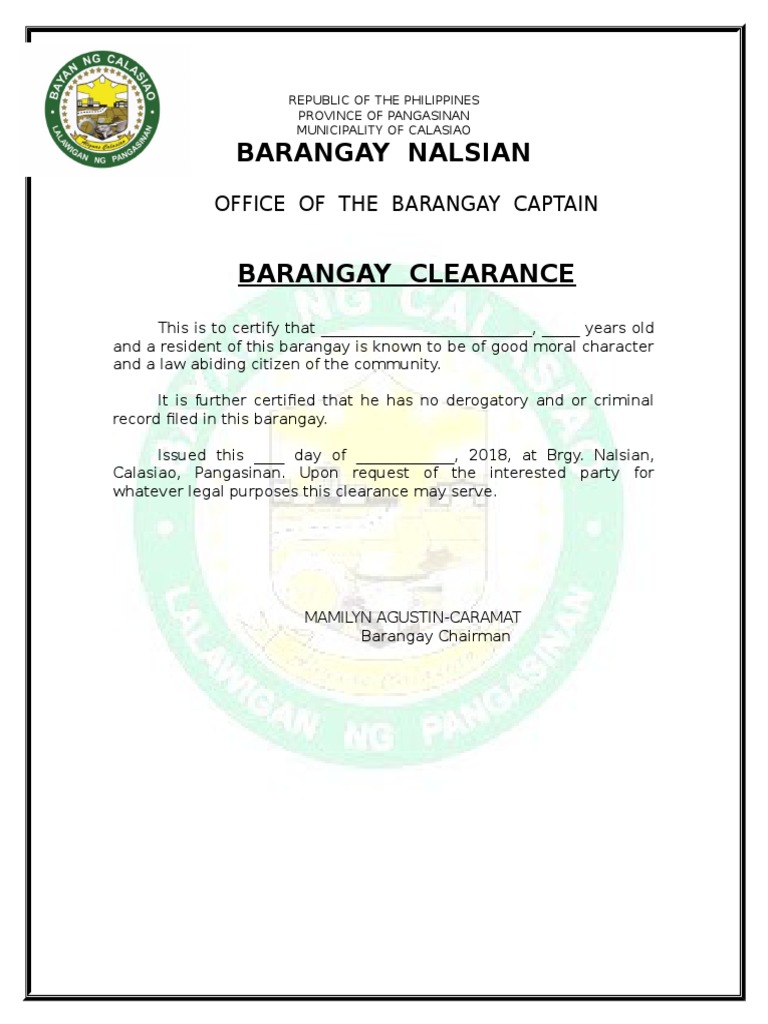 Barangay Clearance Format | PDF