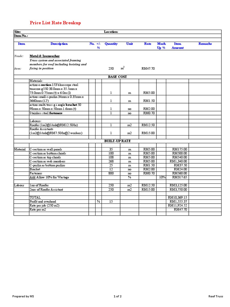Rate Analysis For Roofing Works (Version 1) | PDF | Truss | Components