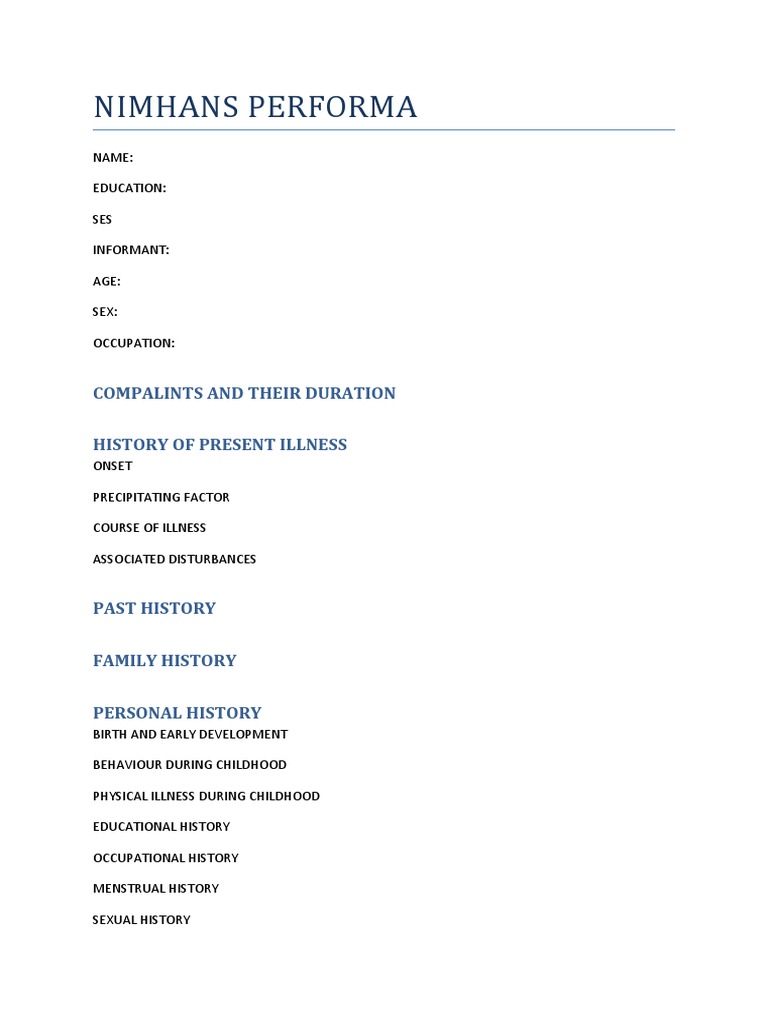 NIMHANS Child Case History Format | PDF | Social Science | Wellness