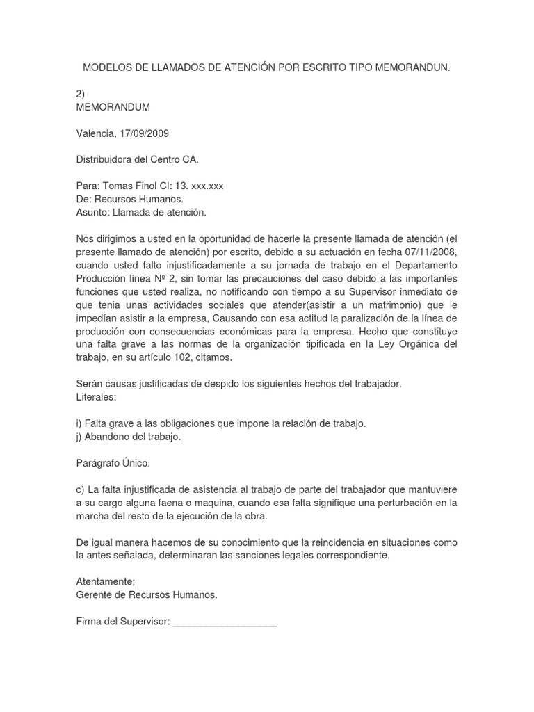 Modelos de Llamados de Atención Escritos | PDF | Negocios | Derecho