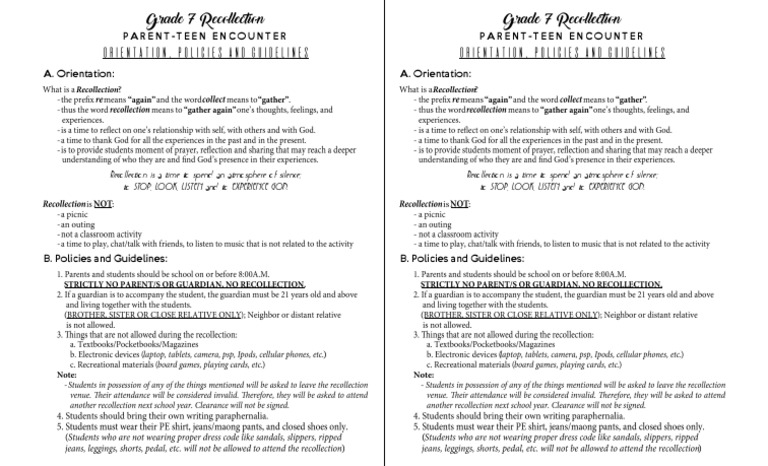 Grade 7 Recollection Grade 7 Recollection: Parent-Teen Encounter Parent ...