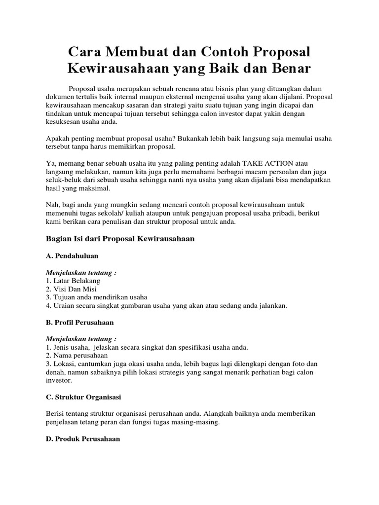 Cara Membuat Dan Contoh Proposal Kewirausahaan Yang Baik Dan Benar | PDF