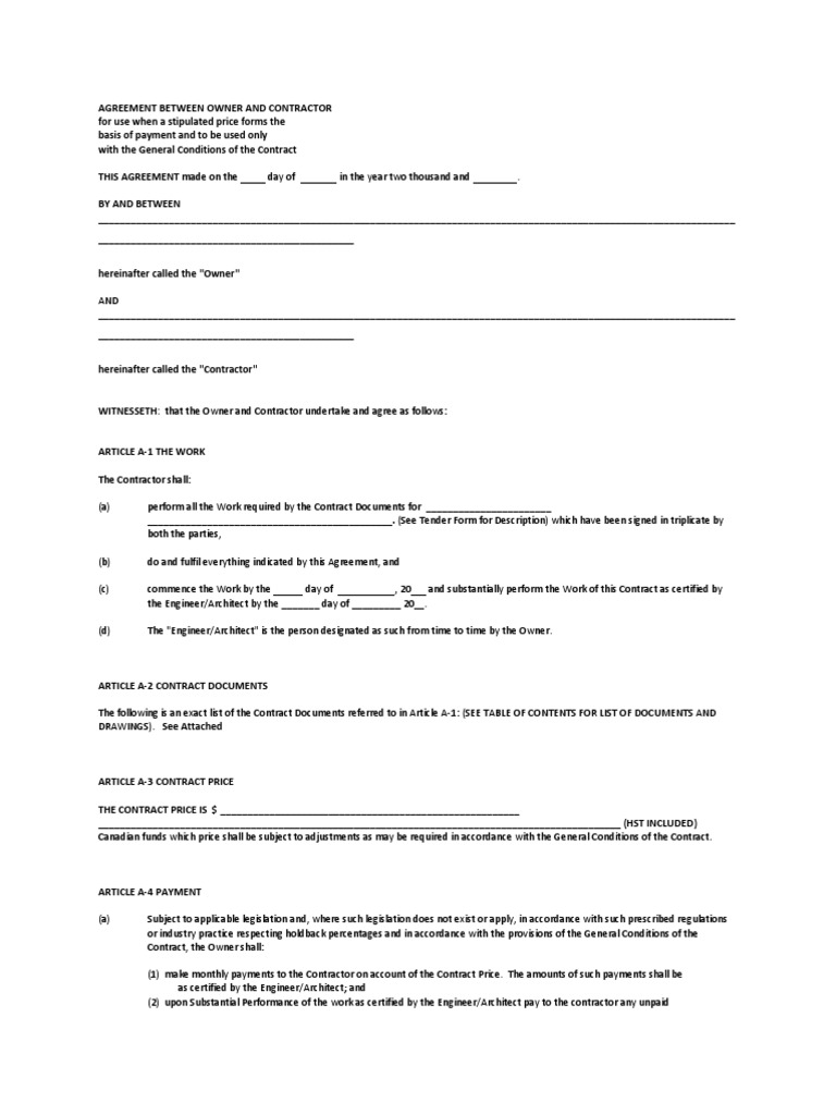 Owner-Contractor Agreement Template | PDF | Architect | Government
