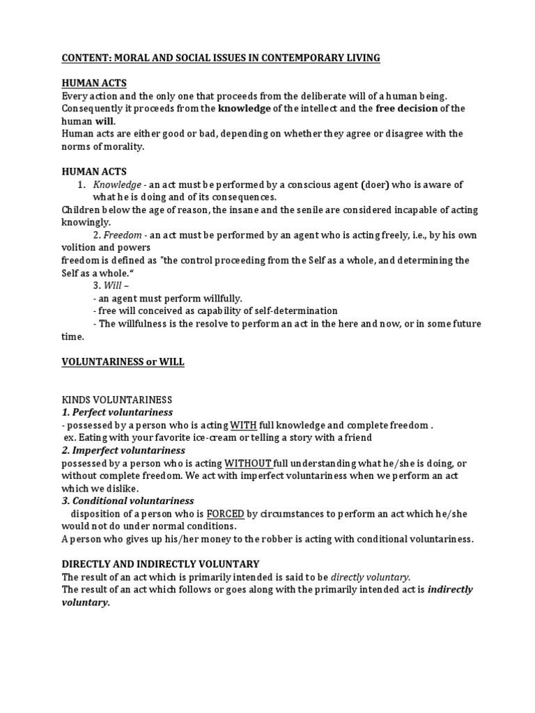 Content VE Moral Issues and Concerns of Contemporary Living | Free Will ...