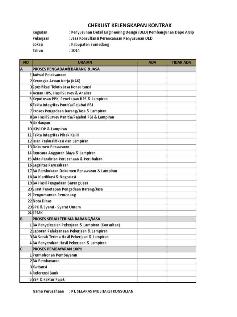 Checklist Kelengkapan Kontrak DED | PDF