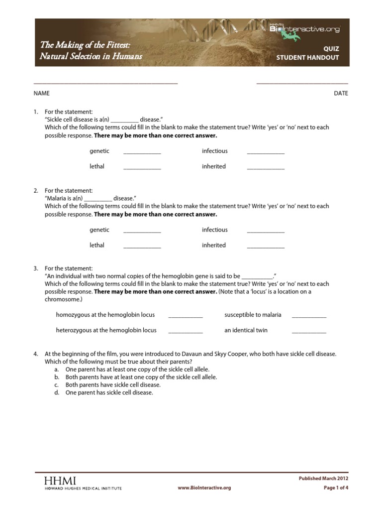 The Making of The Fittest: Natural Selection in Humans: Quiz Student ...