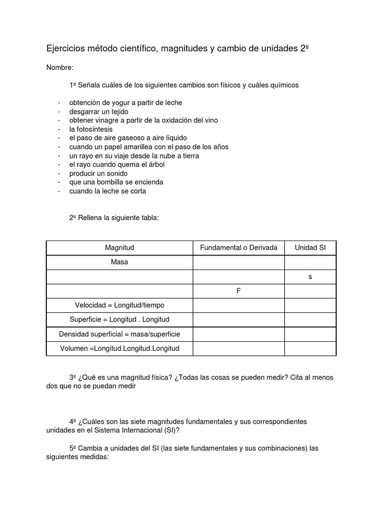 Ejercicios Método Científico, Magnitudes y Cambio de Unidades 2º | PDF