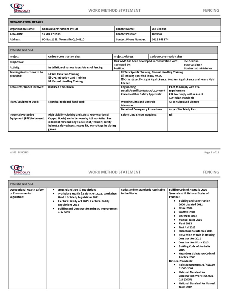 Fencing Work Method Statement Guide | PDF | Personal Protective ...