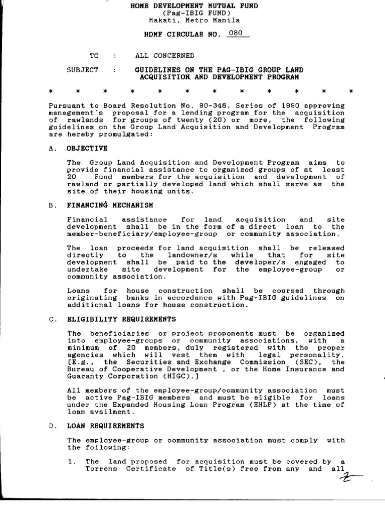 Cir 80 - Guidelines On The Pag-IBIG Group Land Acquisition and ...