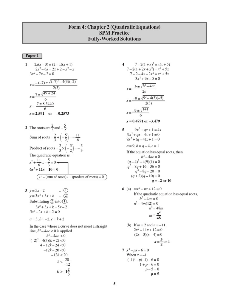 Form 4: Chapter 2 (Quadratic Equations) SPM Practice Fully-Worked ...