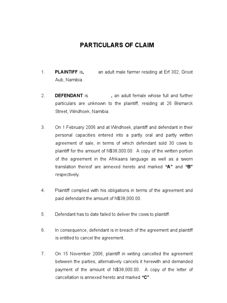 29 Example Particulars of Claim Cancellation | PDF