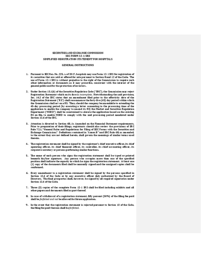 SEC Form 12 1 SRS For Hospitals | PDF | Securities (Finance) | Stocks