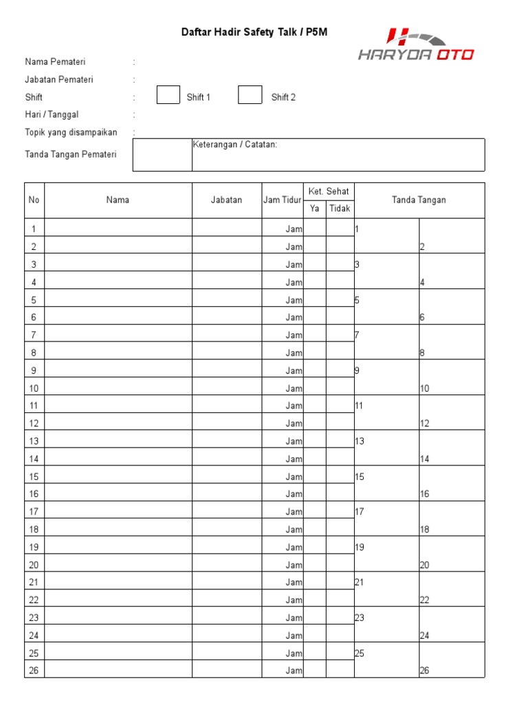 Daftar Hadir Safety Talk Atau P5M | PDF
