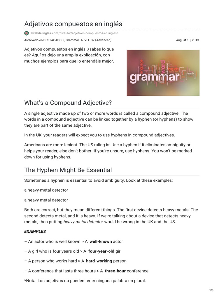 Adjetivos Compuestos En Inglés B2 Pdf English Grammar Grammar