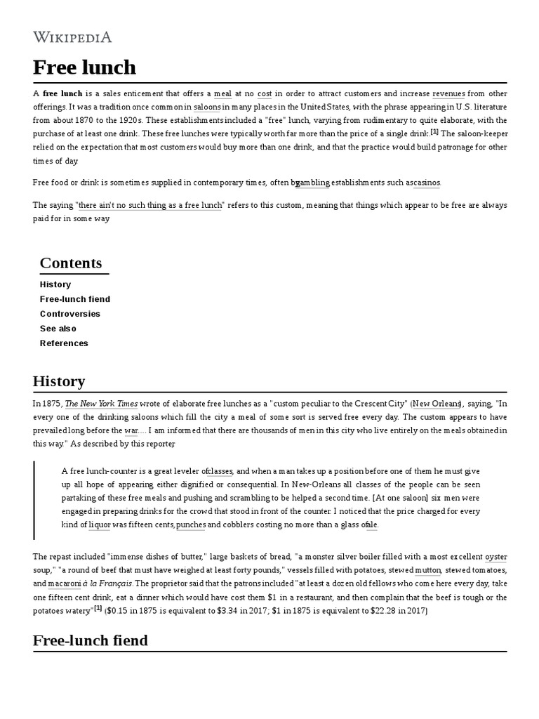 Free Lunch: History Free-Lunch Fiend Controversies See Also References ...