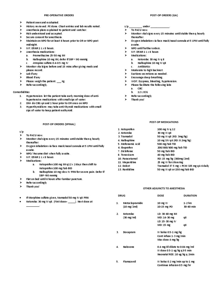 Pre-Operative Orders Post-Op Orders (Ga) | PDF | Pain | Clinical Medicine