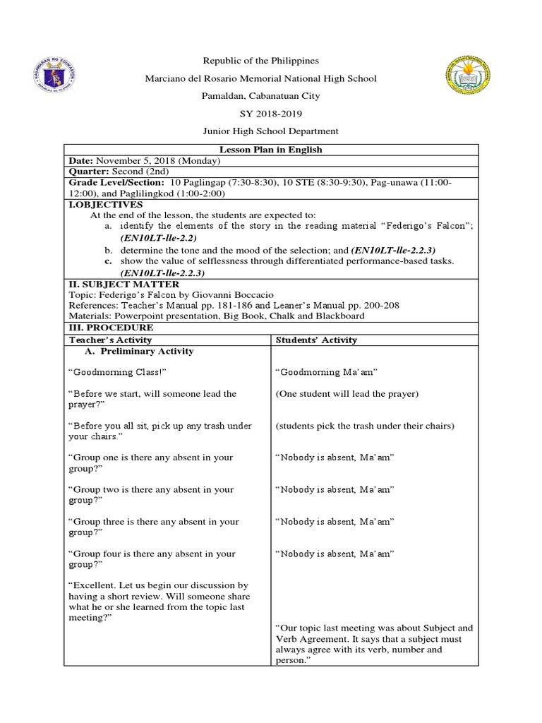 Federigo's Falcon Lesson Plan | PDF | The Decameron