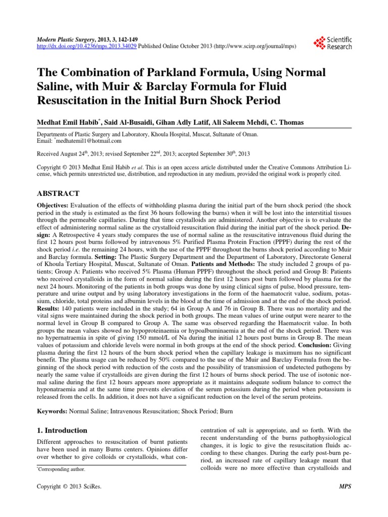 The Combination of Parkland Formula Using Normal Saline With Muir and ...