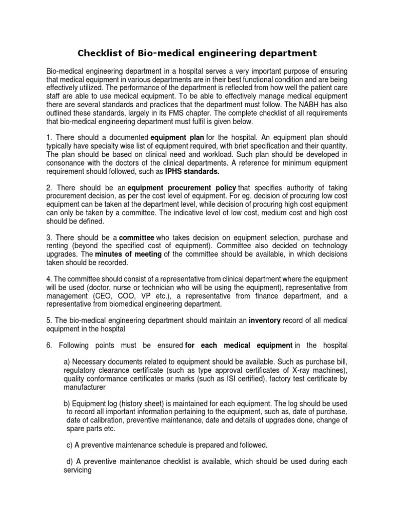 Checklist For Biomed | PDF | Biomedical Engineering | Medical Device