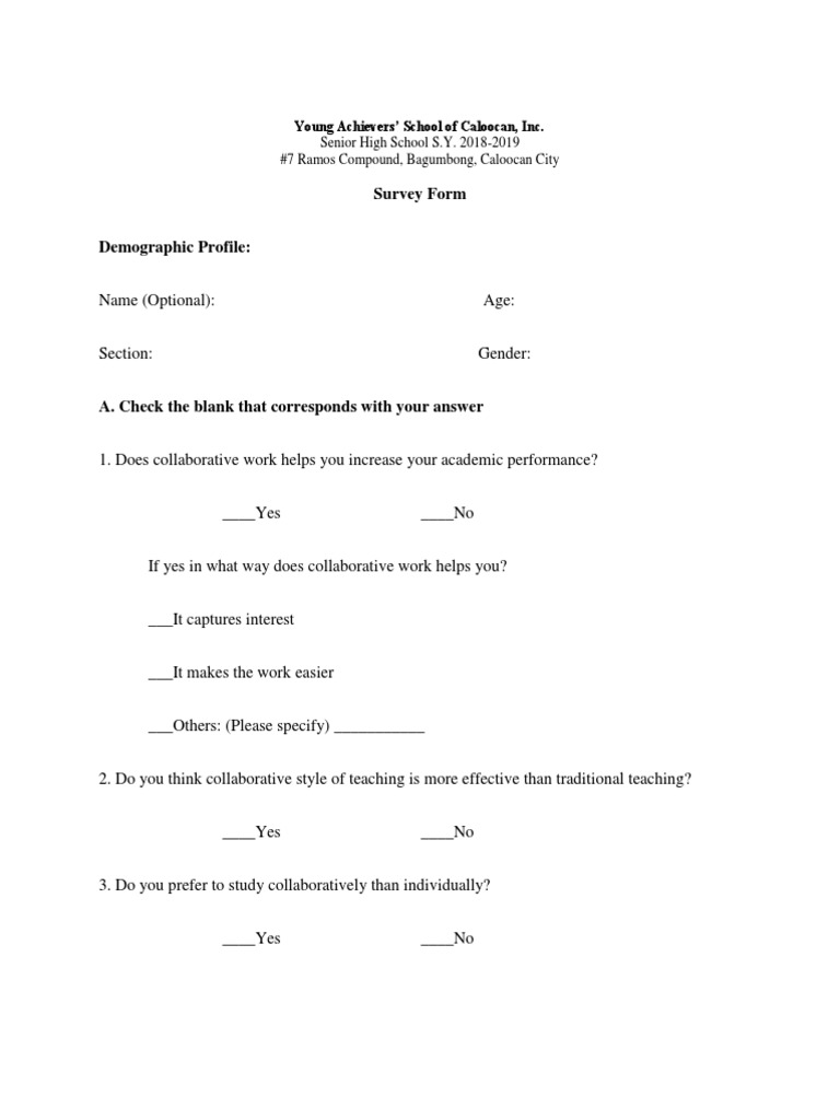 Survey Form: Senior High School S.Y. 2018-2019 #7 Ramos Compound ...