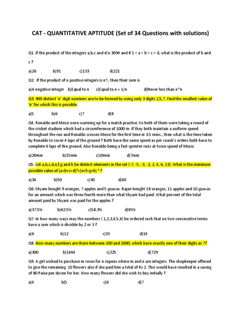 CAT 3 - Mock | PDF | Numbers | Teaching Mathematics