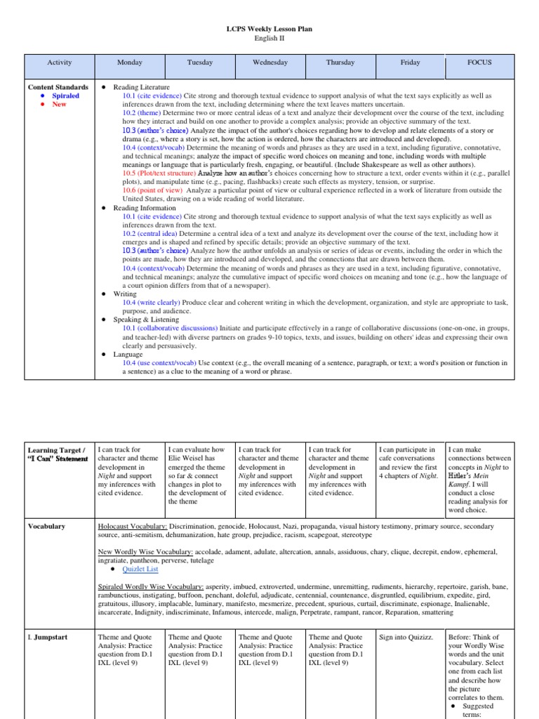 LCPS Weekly Lesson Plan | PDF | Reading Comprehension | Word