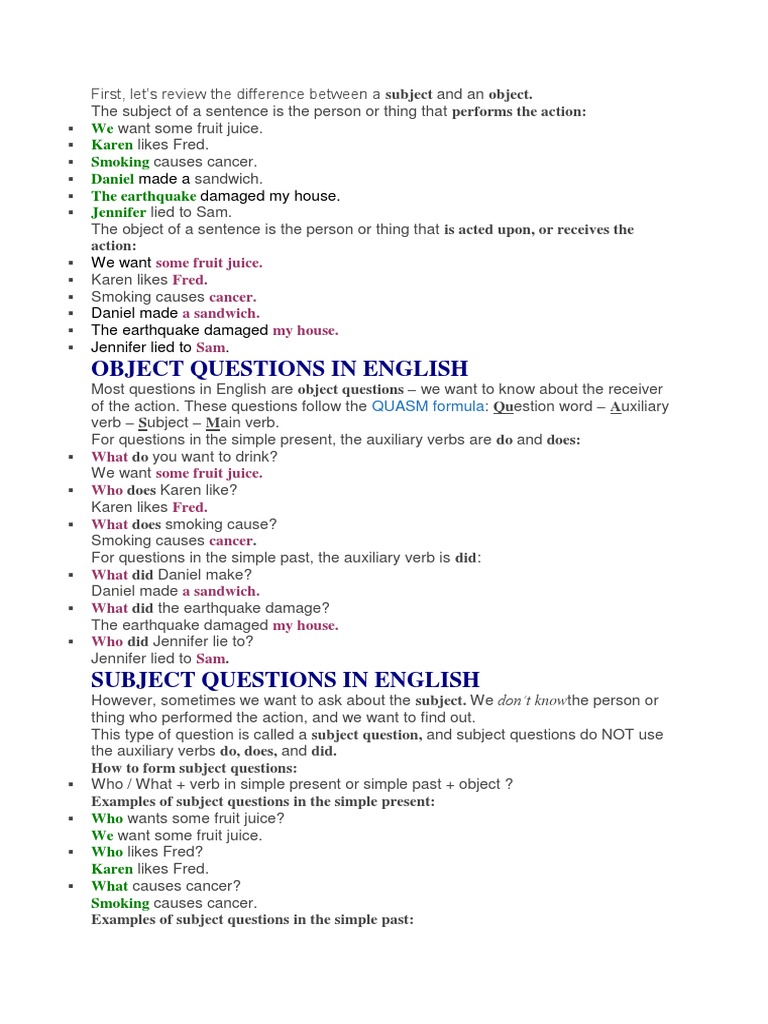 SUBJECT and OBJECT QUESTIONS | PDF | Verb | Question