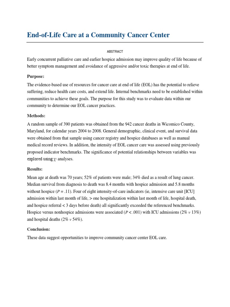 End-of-Life Care at A Community Cancer Center: Purpose | PDF