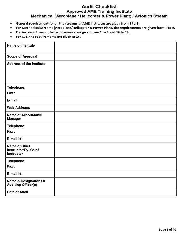 Audit Checklist: Approved AME Training Institute Mechanical (Aeroplane ...