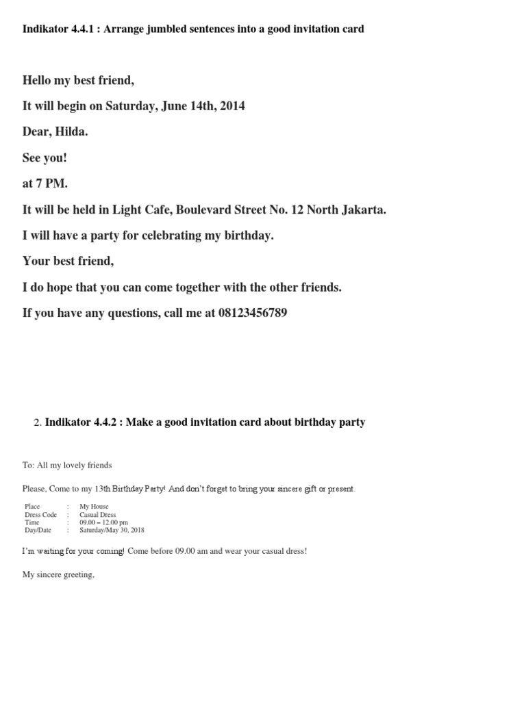 Indikator 4.4.1: Arrange Jumbled Sentences Into A Good Invitation Card ...
