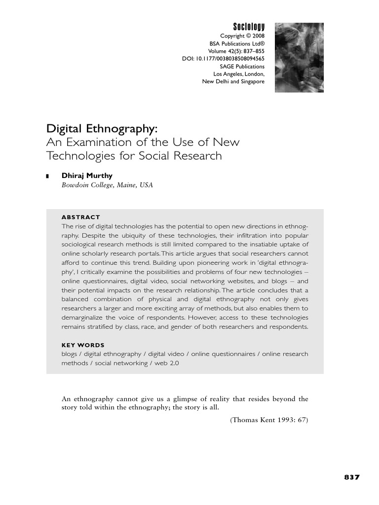 Murthy (2008) Digital Ethnography - An Examination of The Use of New Technologies For Social ...