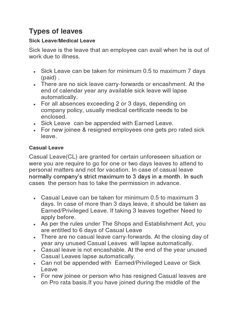 Types of Leaves: Sick Leave/Medical Leave | Download Free PDF ...