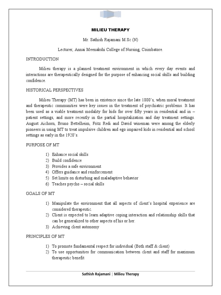 Sathish Rajamani Milieu Therapy | PDF | Psychotherapy | Mental Health
