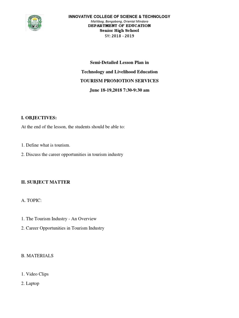 Tourism Promotion Services Semi Detailed Lesson Plan | PDF | Tourism ...
