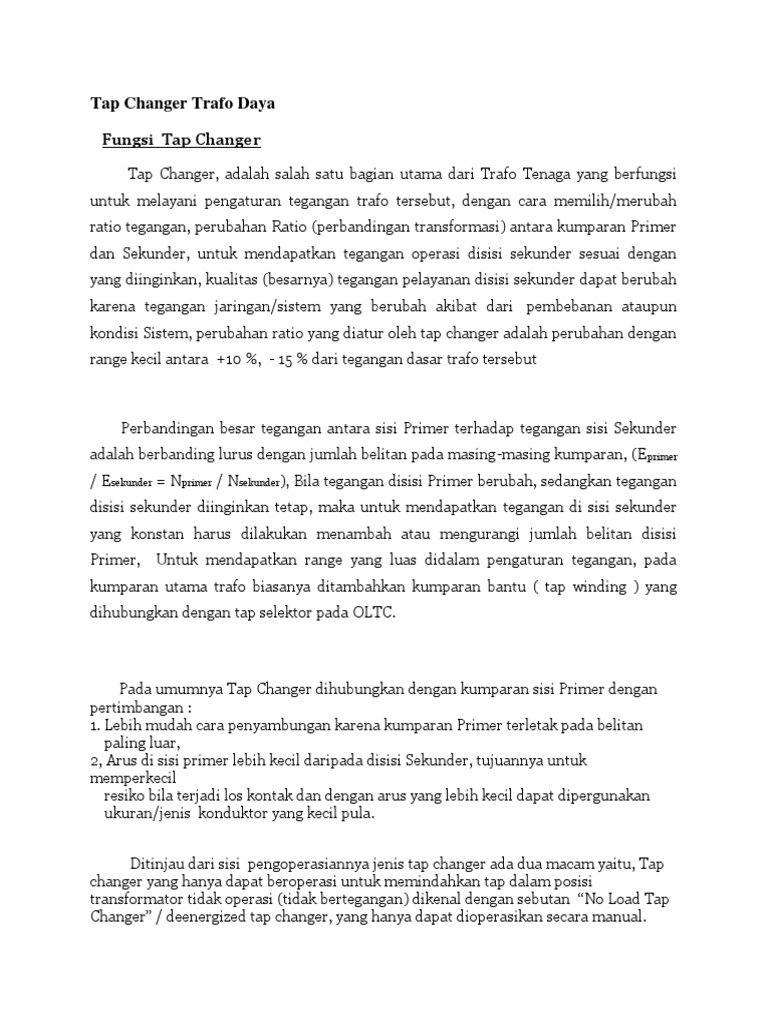 Fungsi dan Jenis Tap Changer Trafo Daya | PDF