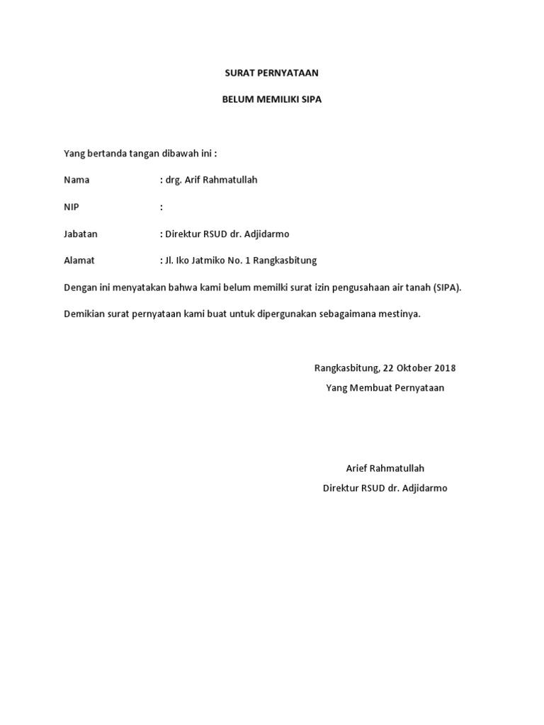 Surat Pernyataan Belum Pnya Sipa | PDF