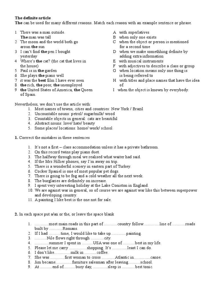 The Definite Article The Can Be Used For Many Different Reasons. Match ...